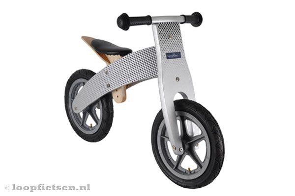 Woodtoys Houten loopfiets zilver | Loopfietsen.nl